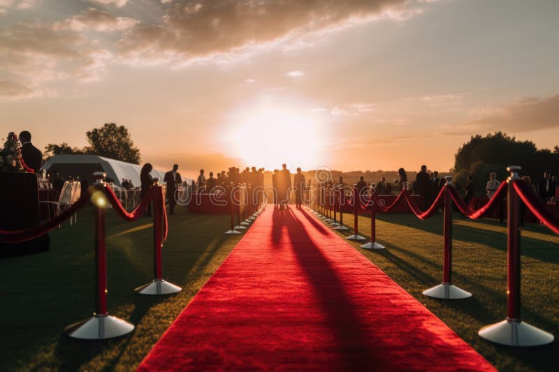 Red Carpet at Outdoor Event, with View of the Setting Sun in the ...