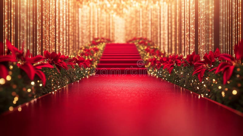 Red Carpet Pathway with Golden Lights and Poinsettia Decor Stock Image ...