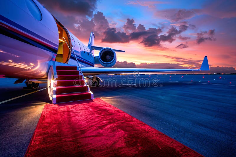 Red Carpet and Private Jet in Airport Over Sunset Sky Background with ...