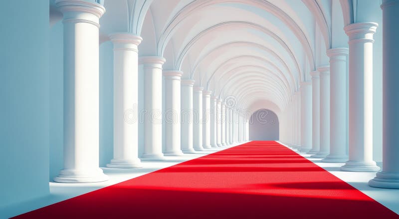 A Red Carpet is Situated in a Grand Hallway that is White, Arched, and ...