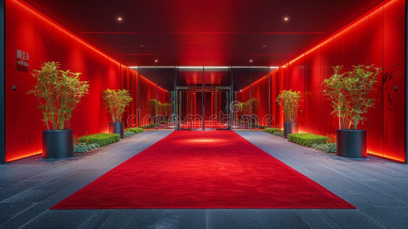 Red Carpeted Hallway with Red Wall and Planters Stock Image - Image of ...
