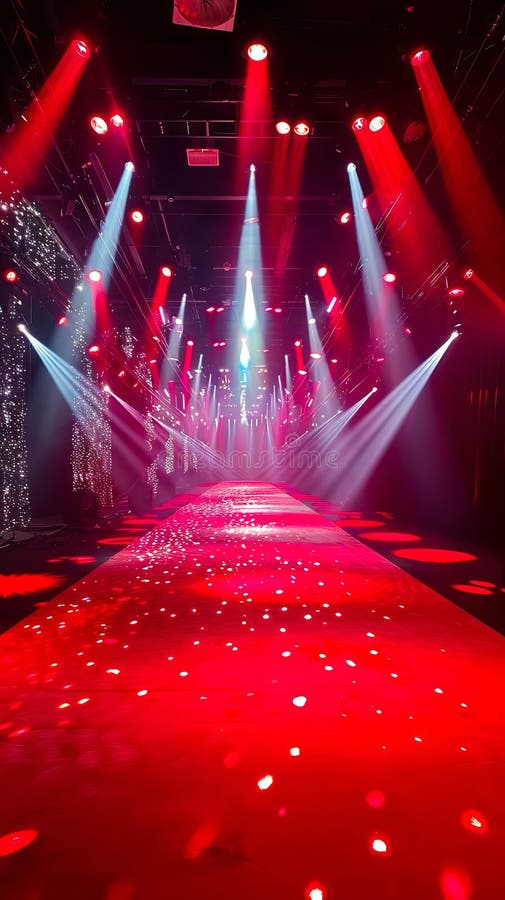 A Red Carpeted Runway with Red and White Lights on it Stock Photo ...