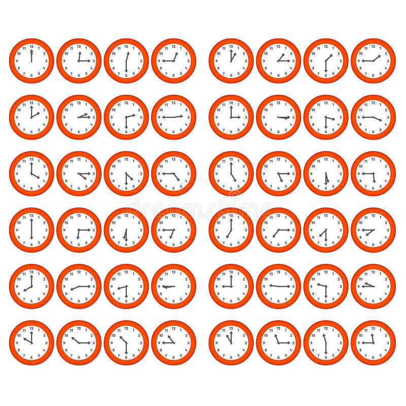 Red Cartoon Clocks Showing Every 15 Minutes Past T Stock Vector ...