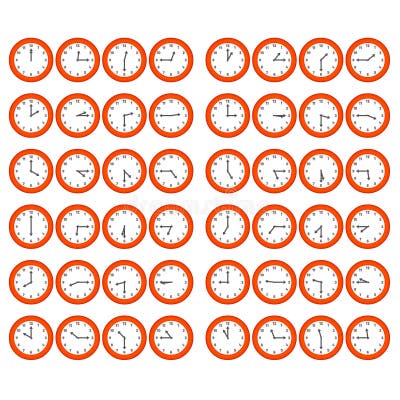 Red Cartoon Clocks Showing Every 15 Minutes Past T Stock Vector ...