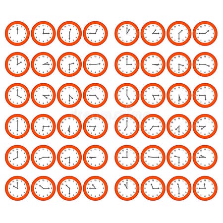 Red Cartoon Clocks Showing Every 15 Minutes Past T Stock Vector ...