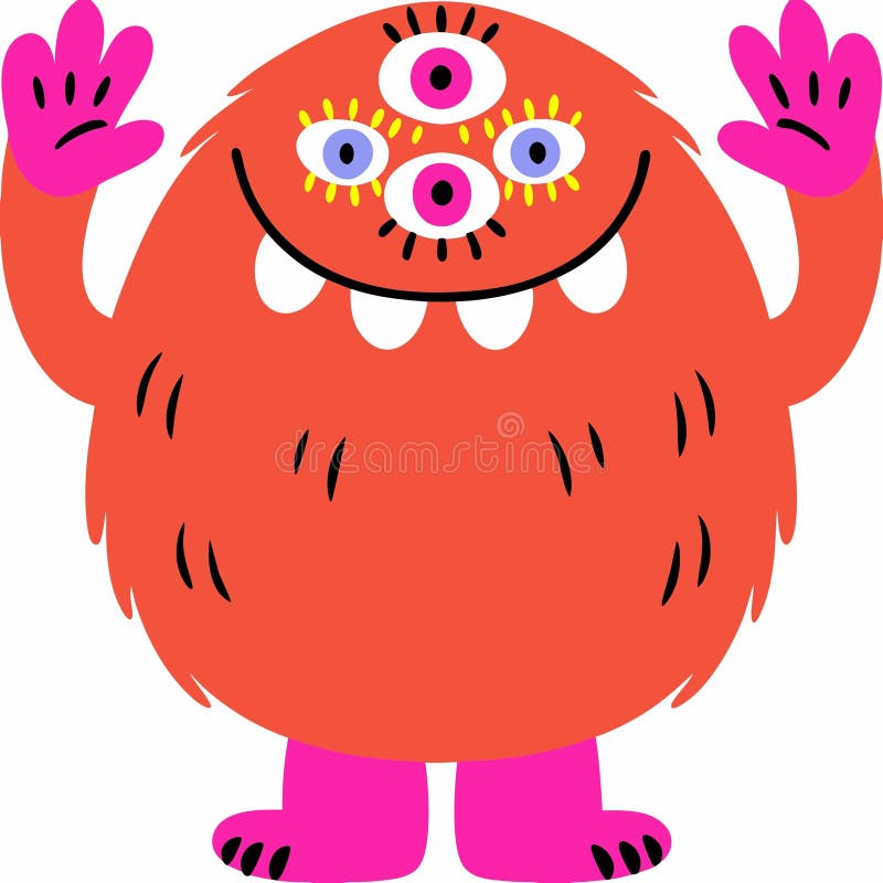 Cute Cartoon Red Monster with Four Eyes, Big Smile, and Pink Hands and ...