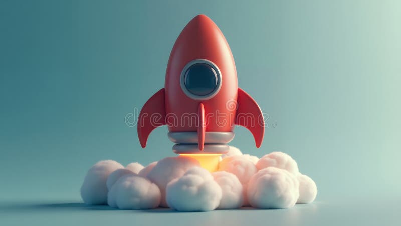Red Cartoon Rocket Taking Off into the Sky with White Clouds Stock ...