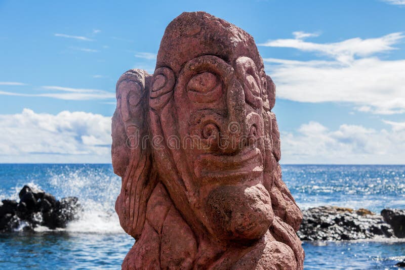 Red Carving on a Moai in Easter Island Stock Image - Image of face ...
