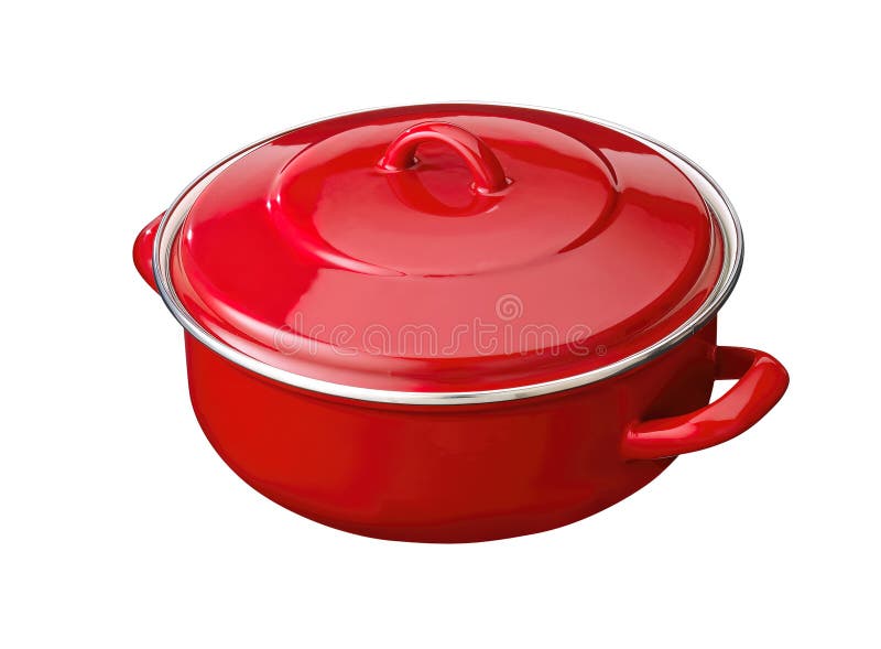 Red Cast Iron Enamel Frying Pan. Dutch Oven, Isolated on White Stock ...