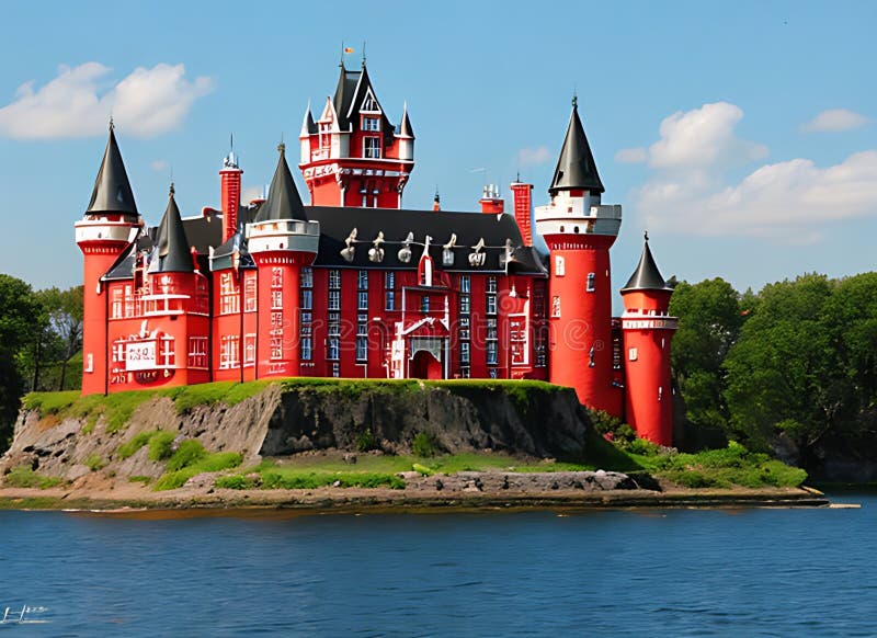 Red castle on water stock photo. Image of tower, ferry - 288294198