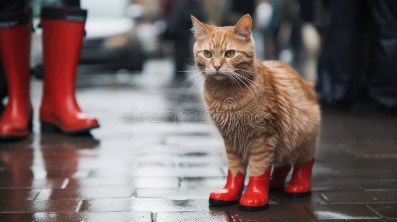 Red Cat in Red Boots in the Rainy Street Stock Illustration ...