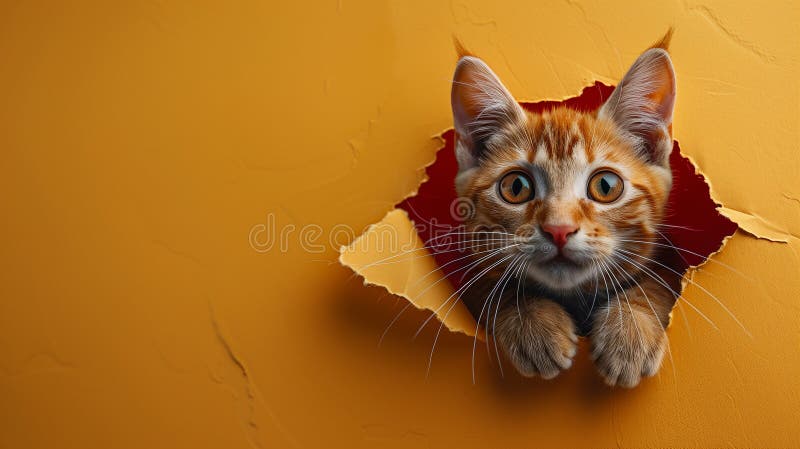 Red Cat Breaking through Paper Hole, Banner with Copy Space Stock ...