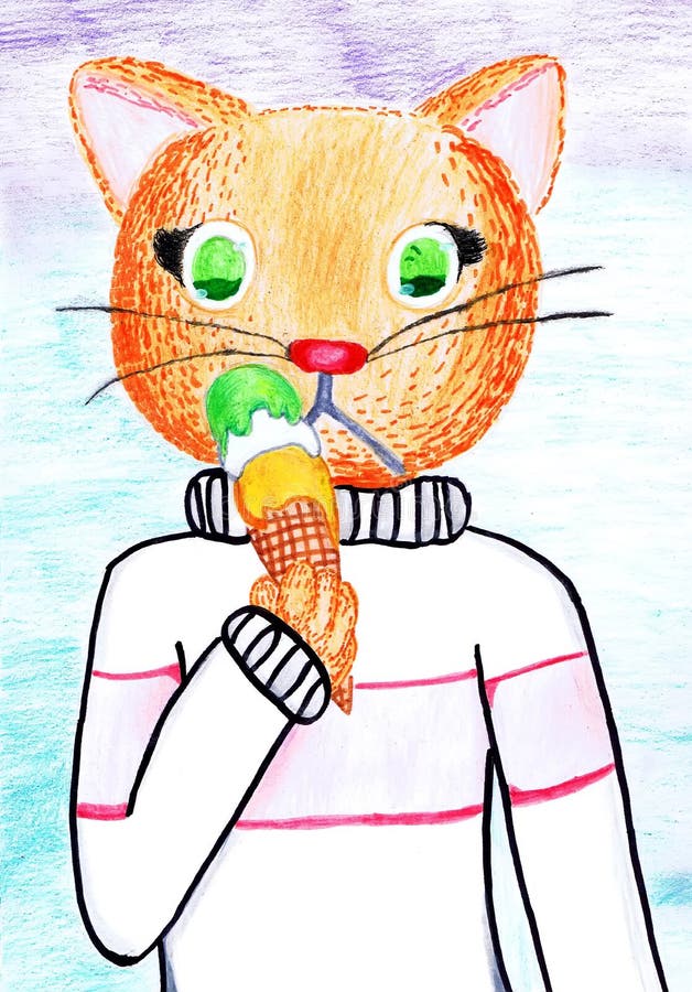 A Red Cat Eats Ice Cream. Children`s Drawing Stock Photo - Image of ...
