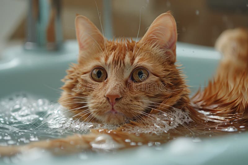 Red Cat Enjoys Taking a Bath Stock Image - Image of tabby, bathroom ...