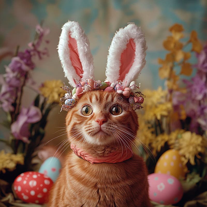 Ginger Cat Dressed As a Bunny with Easter Background Stock Image ...