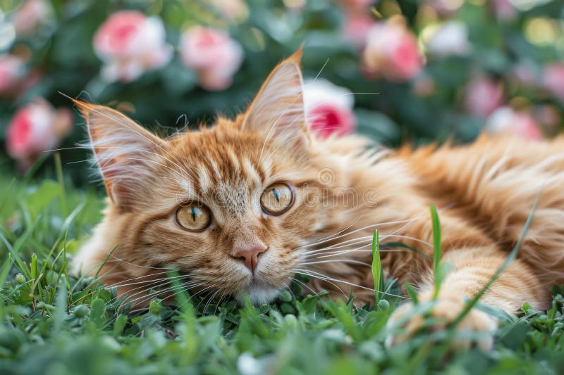 Red Cat Lying in the Green Grass Stock Image - Image of happiness ...