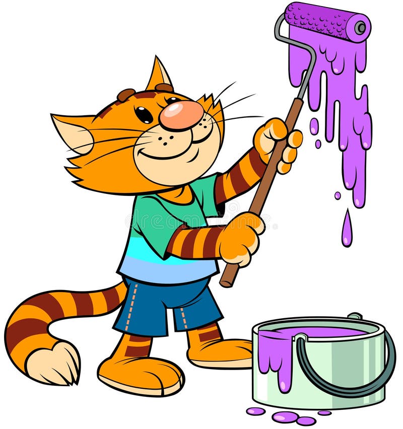 Red cat paints the wall. stock vector. Illustration of colored - 209770955