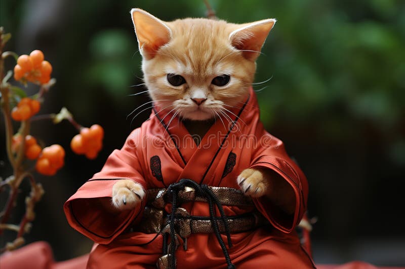 Red Cat Shaolin Monk in a Red Kimono Stock Illustration - Illustration ...