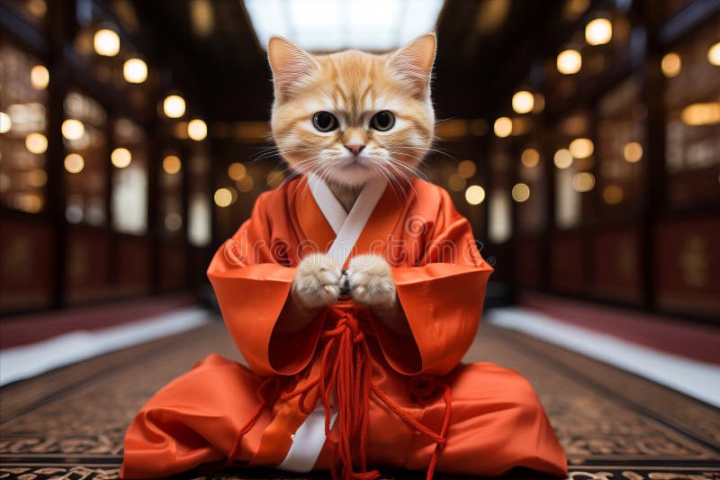 Red Cat Shaolin Monk in a Red Kimono Stock Illustration - Illustration ...
