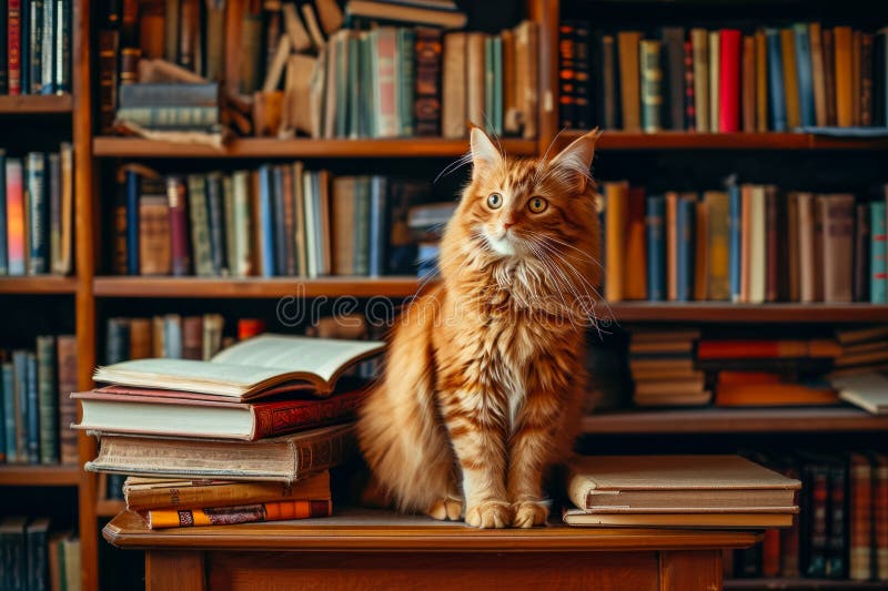Red Cat Sitting on a Bookshelf Surrounded by Books Stock Image - Image ...