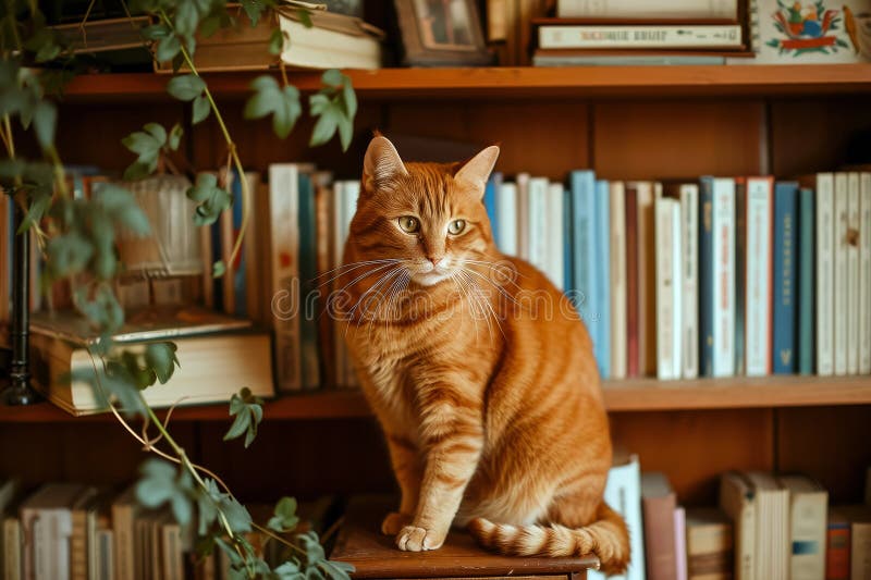 Red Cat Sitting on a Bookshelf Surrounded by Books Stock Image - Image ...