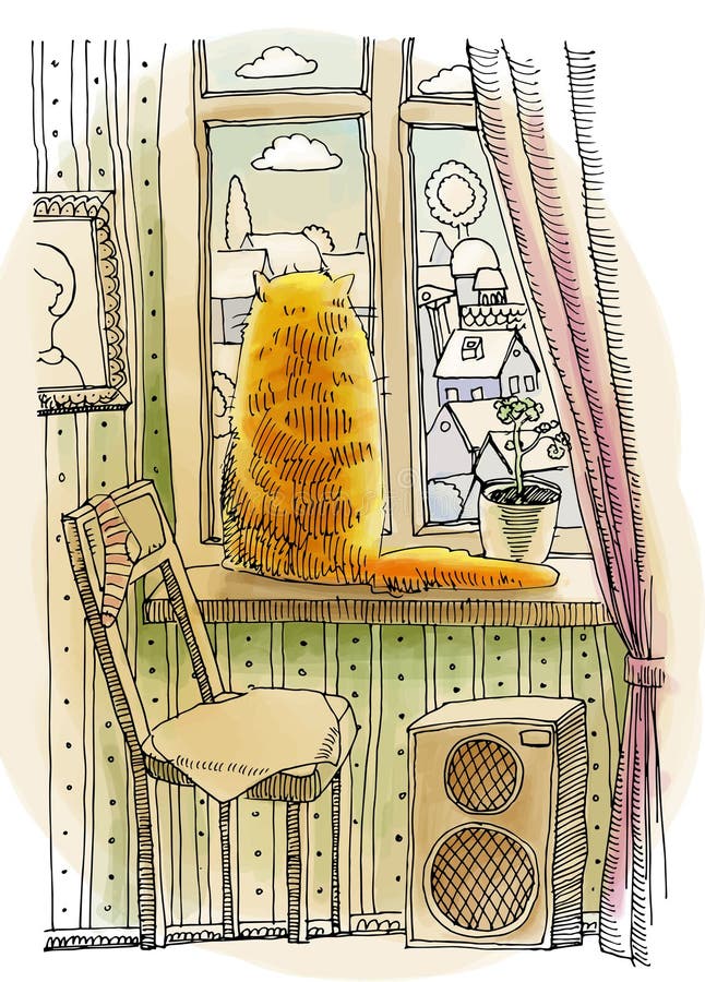 Red Cat Sitting on the Window Stock Vector - Illustration of graphic ...