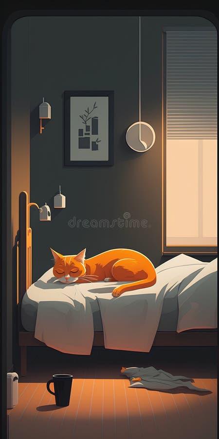 A Red Cat Sleeps on the Bed in the Bedroom. Vector Illustration Stock ...