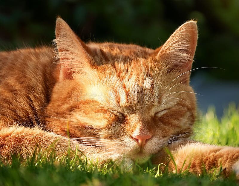 A Red Cat Sprawled Out on a Sunny Patch of Grass, Napping Stock ...
