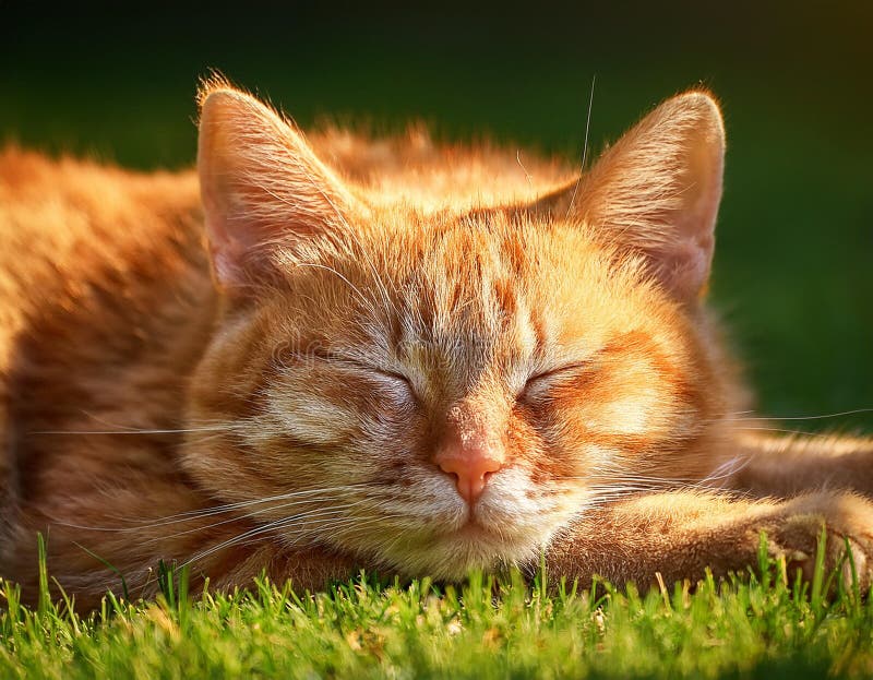 A Red Cat Sprawled Out on a Sunny Patch of Grass, Napping Stock ...