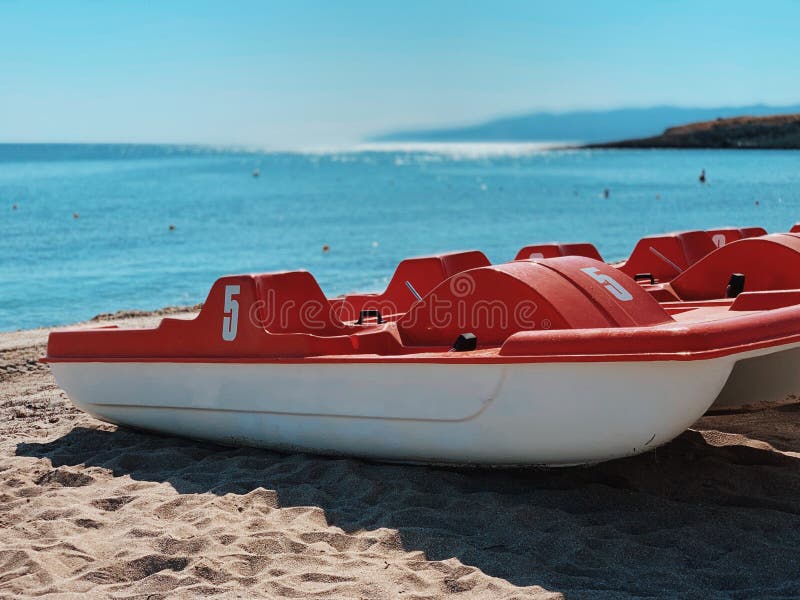 Red Catamaran on Sea Coast. Sea Transport. Stock Image - Image of relax ...