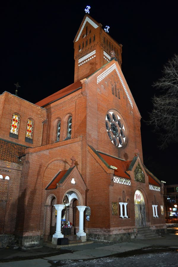 Red Catholic Church in the Center of Minsk at Night Stock Photo - Image ...