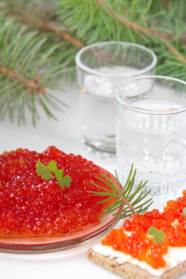 Red caviar and cold vodka stock photo. Image of hungry - 64493174
