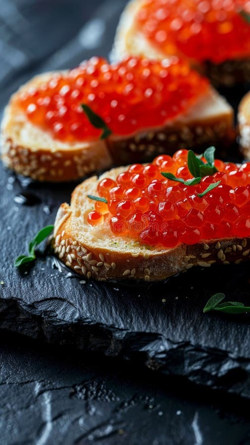Red Caviar Elegantly Spread on Canapes, with a Sprinkling of Chives on ...