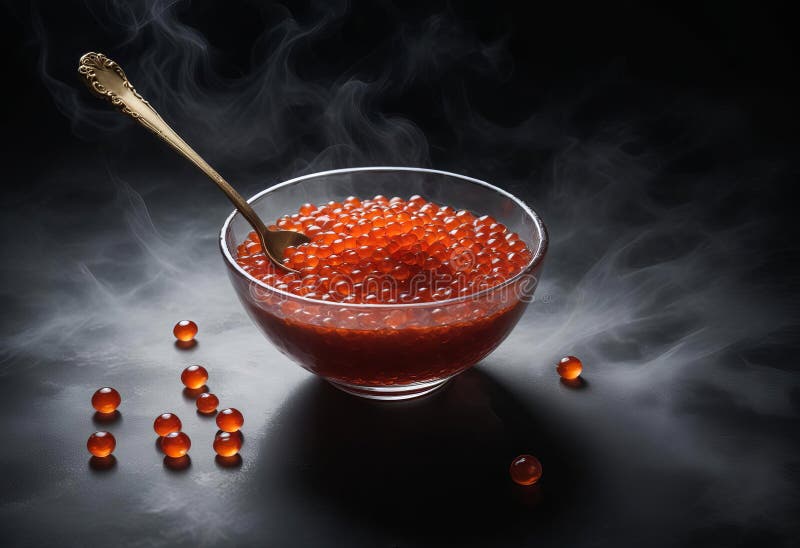 Red Caviar in Glass Bowl and in a Spoon, Top View Stock Illustration ...