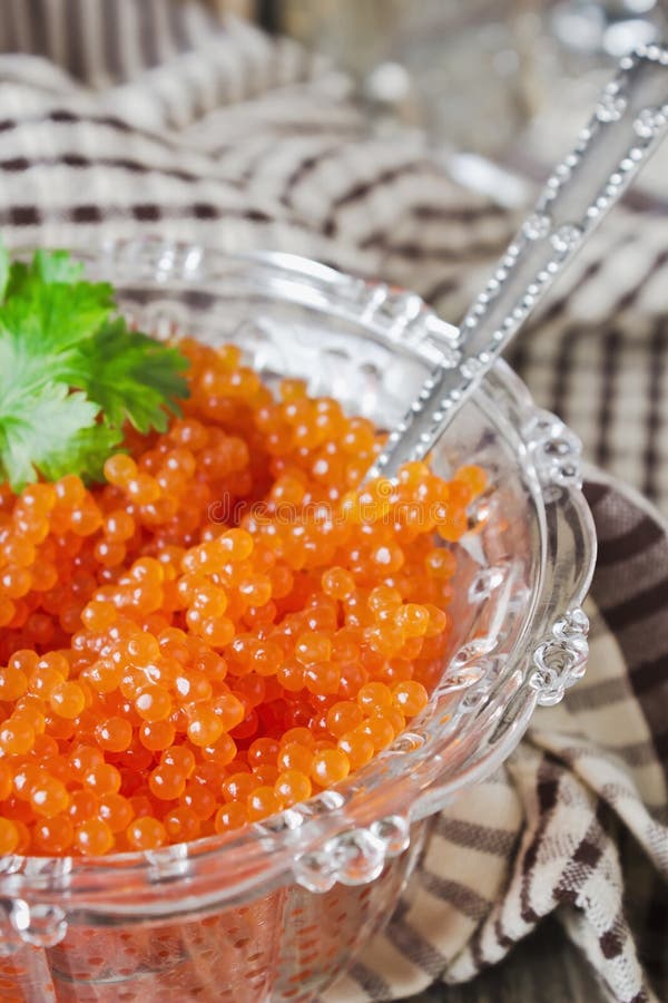 Red Caviar in a Glass Bowl on the Table Stock Photo - Image of small ...