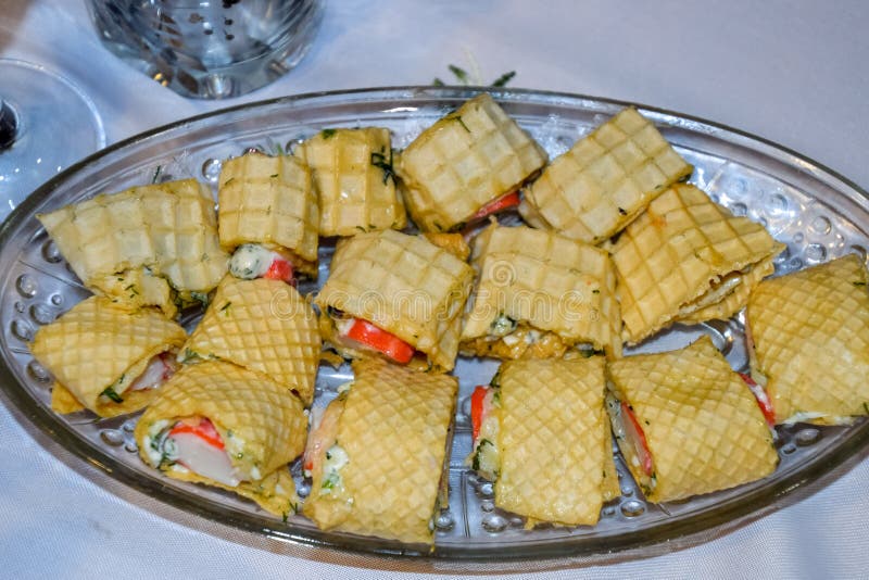 Red Caviar with Mayonnaise in Waffle Rolls Stock Photo - Image of ...