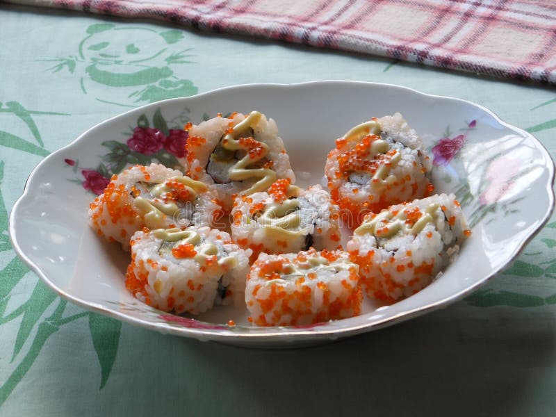 Red caviar roe sushi rolls stock photo. Image of medium - 73417932