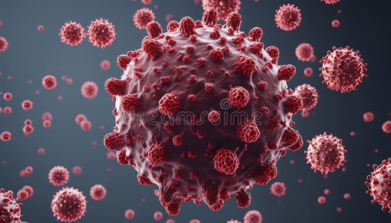 A Red Cell with Many Red Viruses Around it Stock Illustration ...