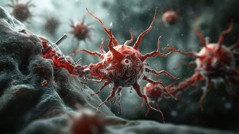 Red Cell Virus Attacking Gray Mass Surface. Cell Structure is Spreading ...