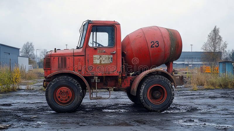 A Red Cement Truck is Parked in a Parking Lot Stock Image - Image of ...