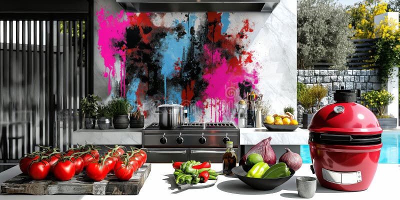 Red Ceramic BBQ in a Garden Kitchen Setting Stock Illustration ...