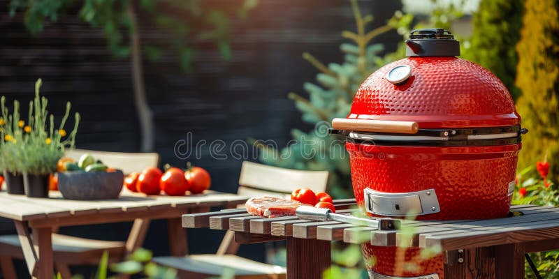 Red Ceramic BBQ in a Garden Party Setting Stock Illustration ...