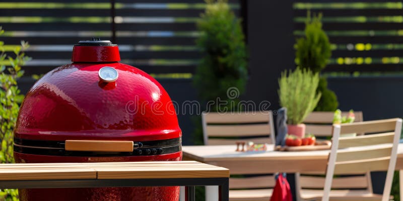 Red Ceramic BBQ in a Garden Party Setting Stock Illustration ...