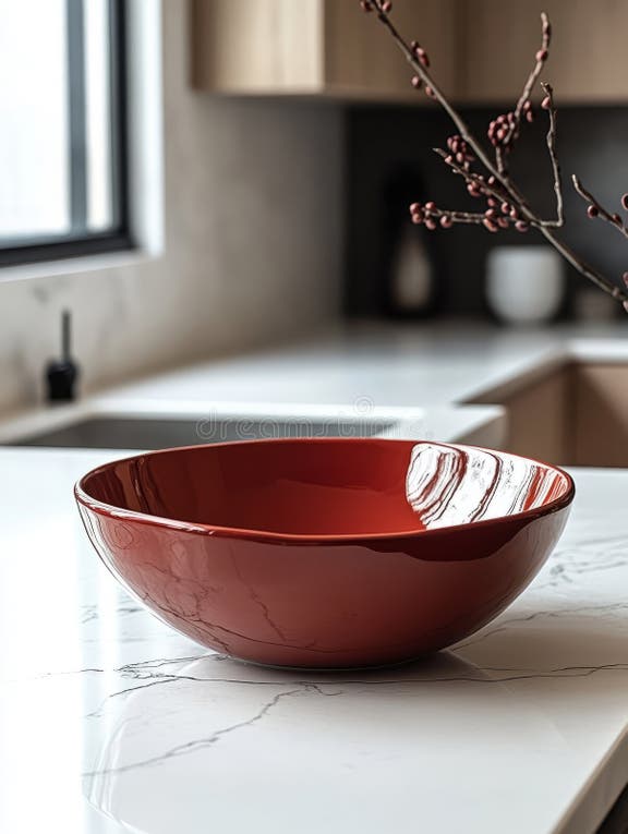 Red Ceramic Bowl on a White Marble Kitchen Counter. Stock Image - Image ...