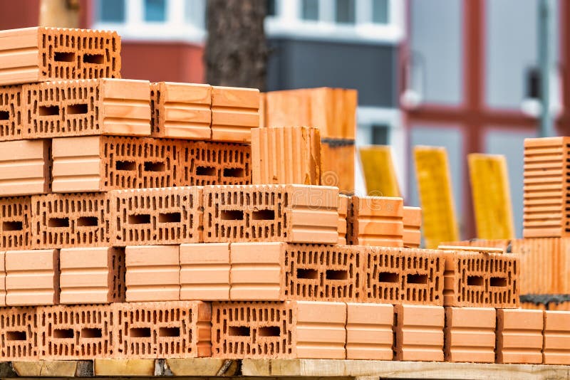 Red Ceramic Bricks at the Construction Site. Keramoblock. Hollow Brick ...