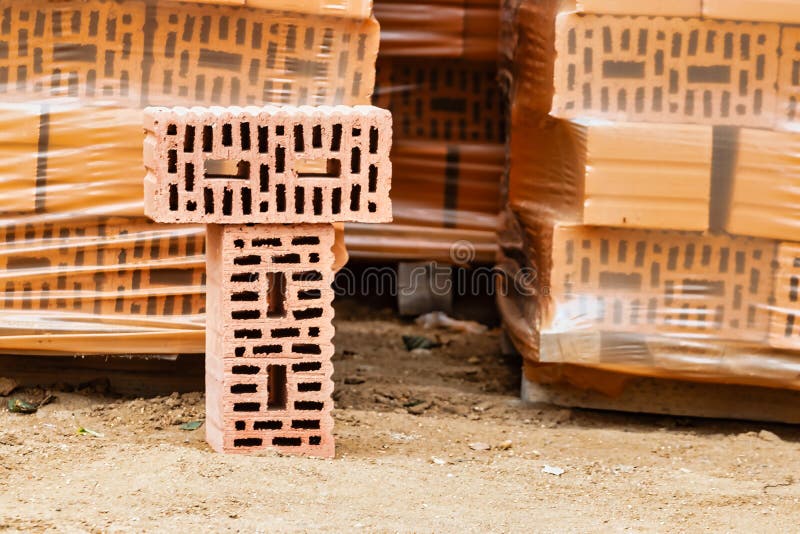 Red Ceramic Bricks at the Construction Site. Keramoblock. Hollow Brick ...