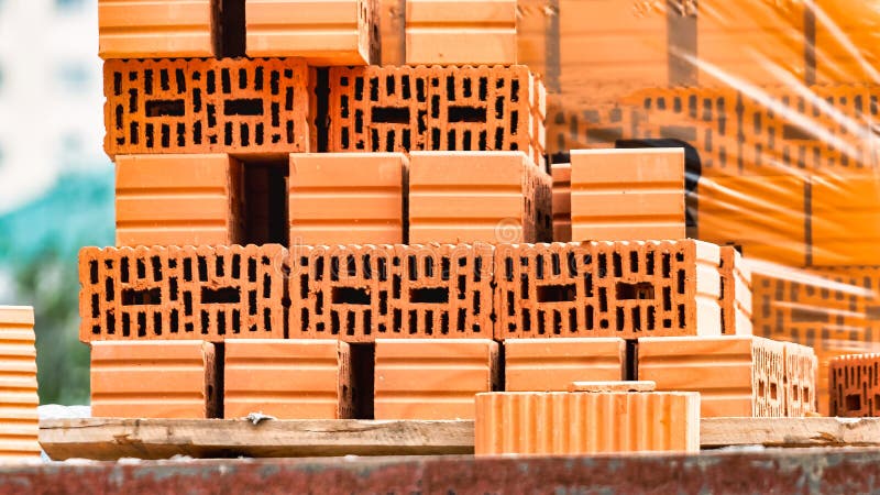 Red Ceramic Bricks at the Construction Site. Keramoblock. Hollow Brick ...