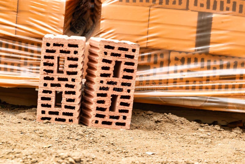 Red Ceramic Bricks at the Construction Site. Keramoblock. Hollow Brick ...