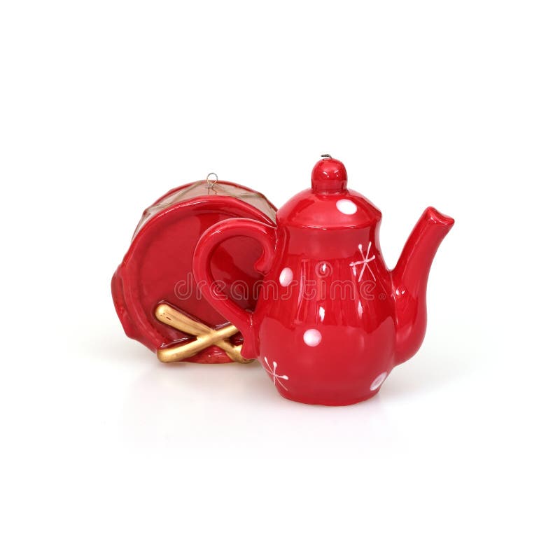 Red Ceramic Christmas Toys Kettle and Drum Isolated on White Background ...