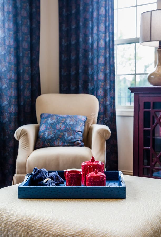 Red Ceramic Tea Set in Blue Tray Stock Photo - Image of teapot, style ...